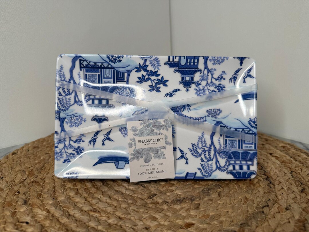 Set of 4: Blue and White Chinoiserie Willow Pagoda Melamine Plates - Etsy