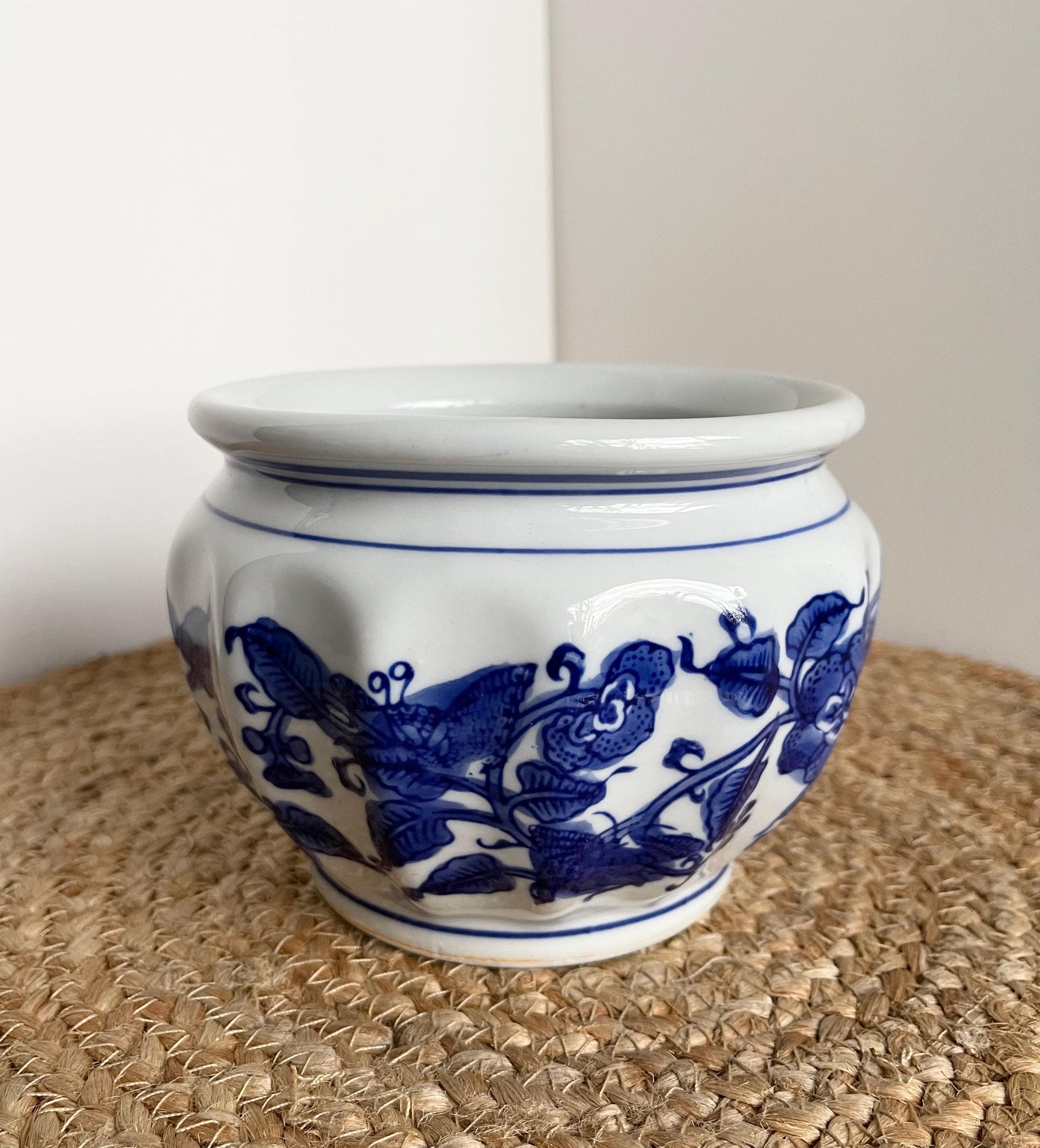 Vintage Chinoiserie Blue and White Hand Painted Porcelain Cachepot ...