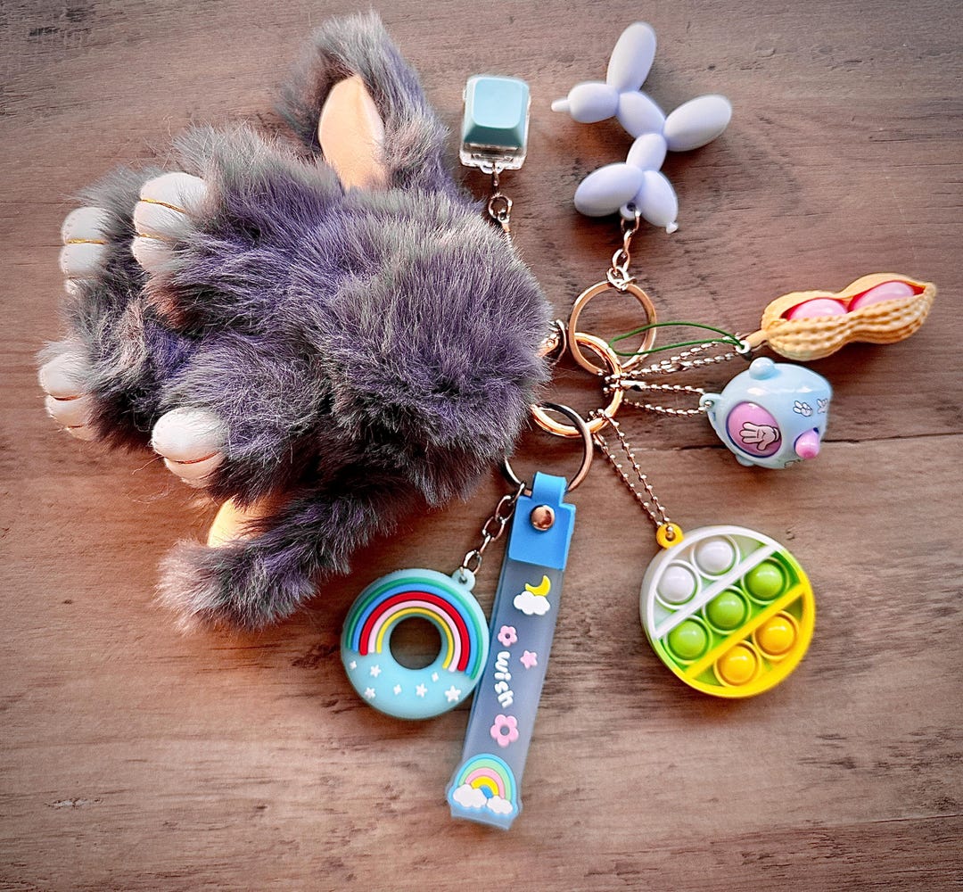 Grey/blue Bunny Fidget Keychain Pop It, Light up Keyboard, Clicker ...