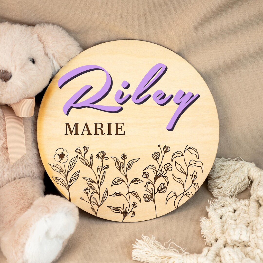 Wooden Flower Birth Sign, Baby Birth Announcement, Baby Girl Name Sign ...