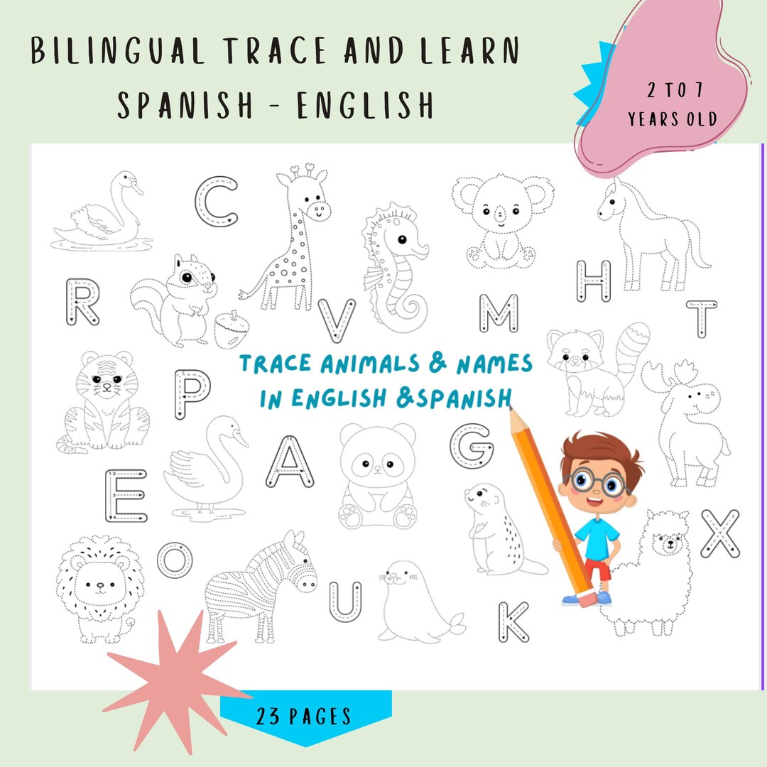 Bilingual TRACE COLOURING BOOK, Animals and Names (spanish & English ...