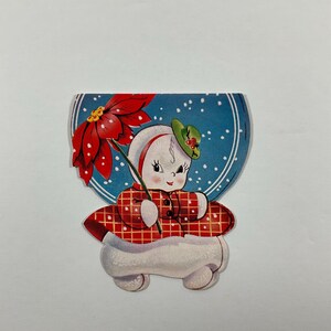 Vintage A-meri-card Girl Snowman Poinsettia Flower Umbrella Snowflakes ...