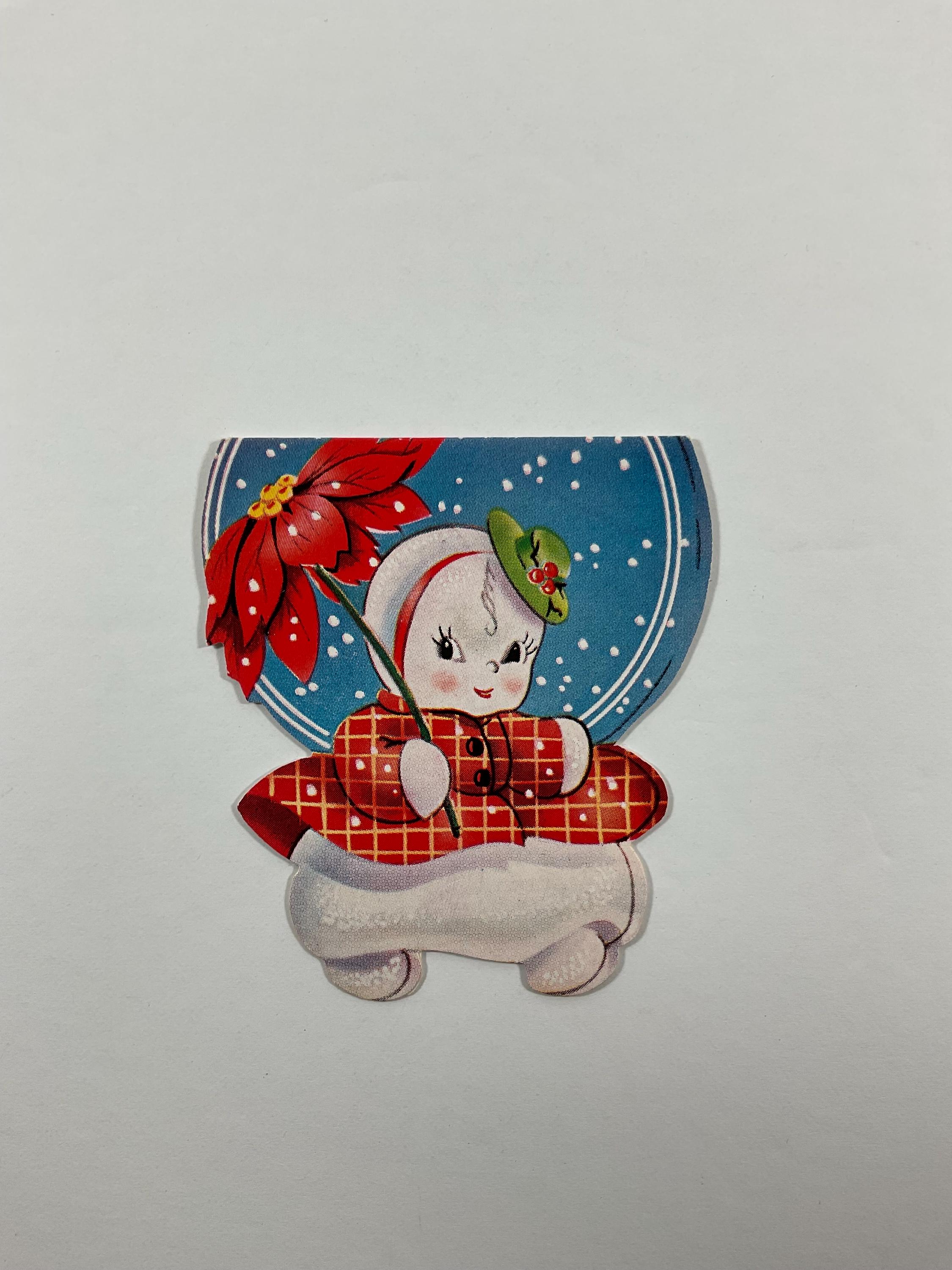 Vintage A-meri-card Girl Snowman Poinsettia Flower Umbrella Snowflakes ...