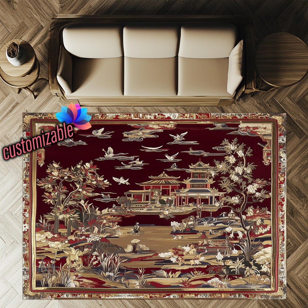 Red Green White Japanese Design Rug, Green Red Chinese Art Rug, Green ...