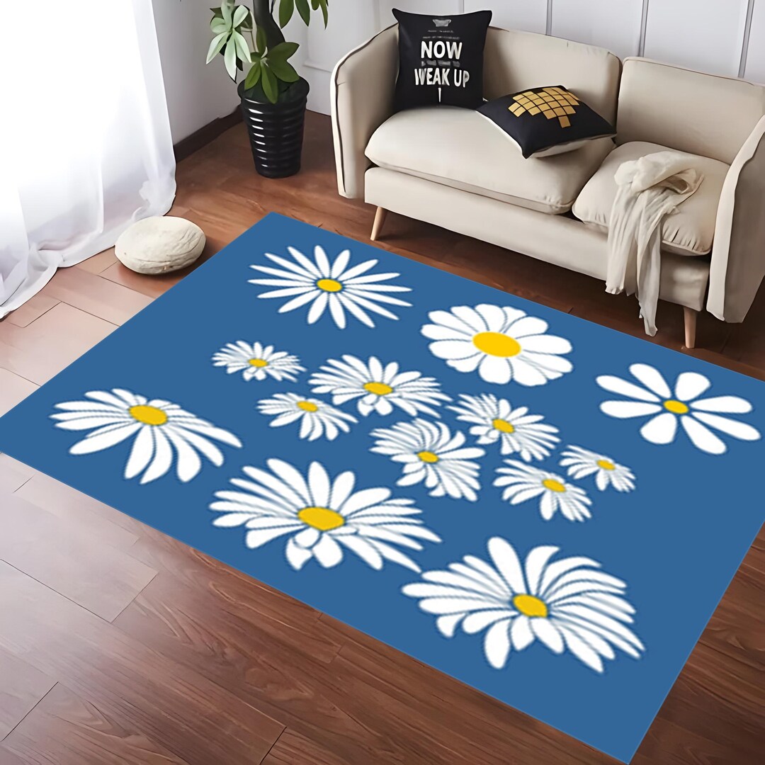 Daisy Rug, Daisy Flower Rug,blue White Rug,flower Patterned Rug,flower ...