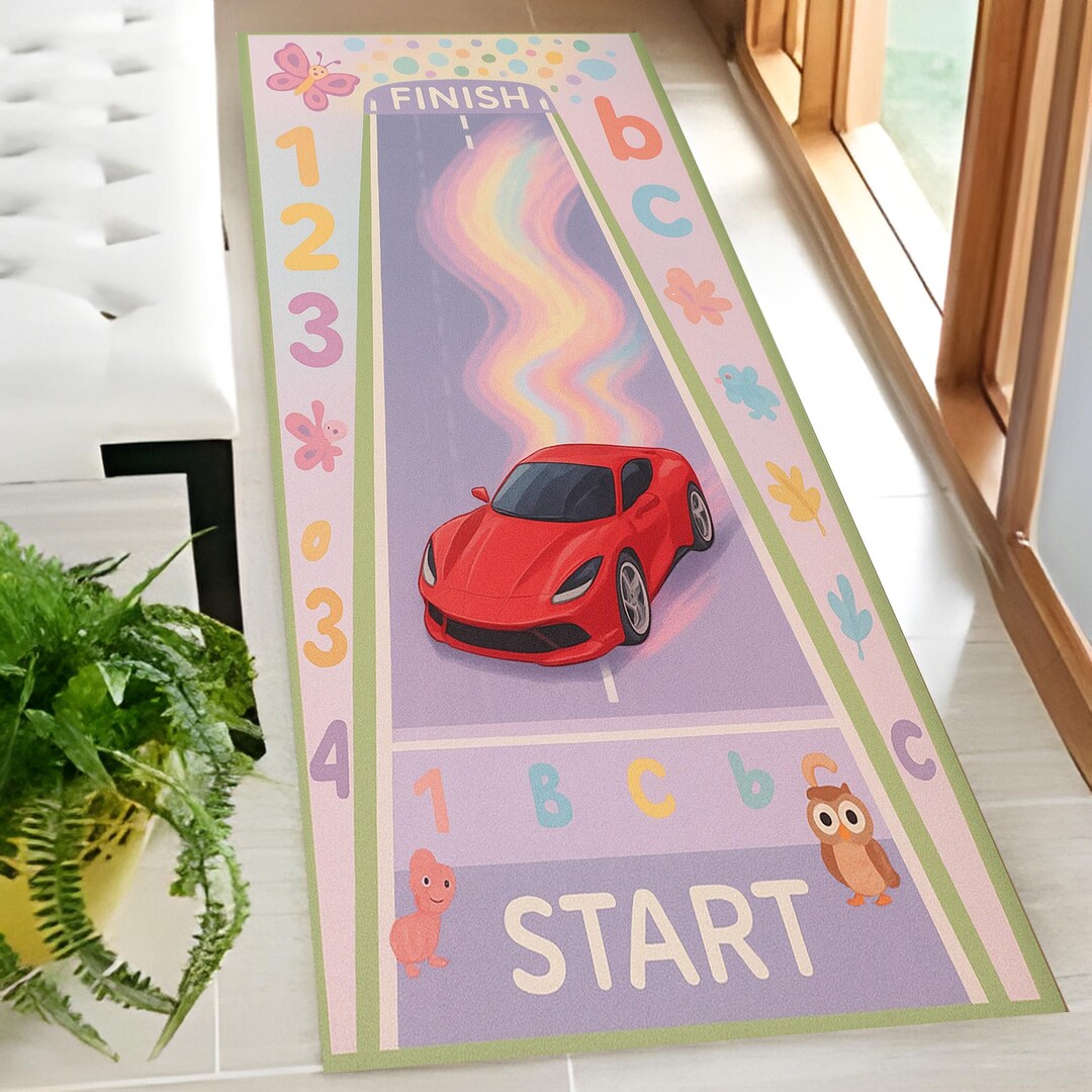 Race Car Themed Educational Runner Rug for Boys – Fun Learning Carpet ...