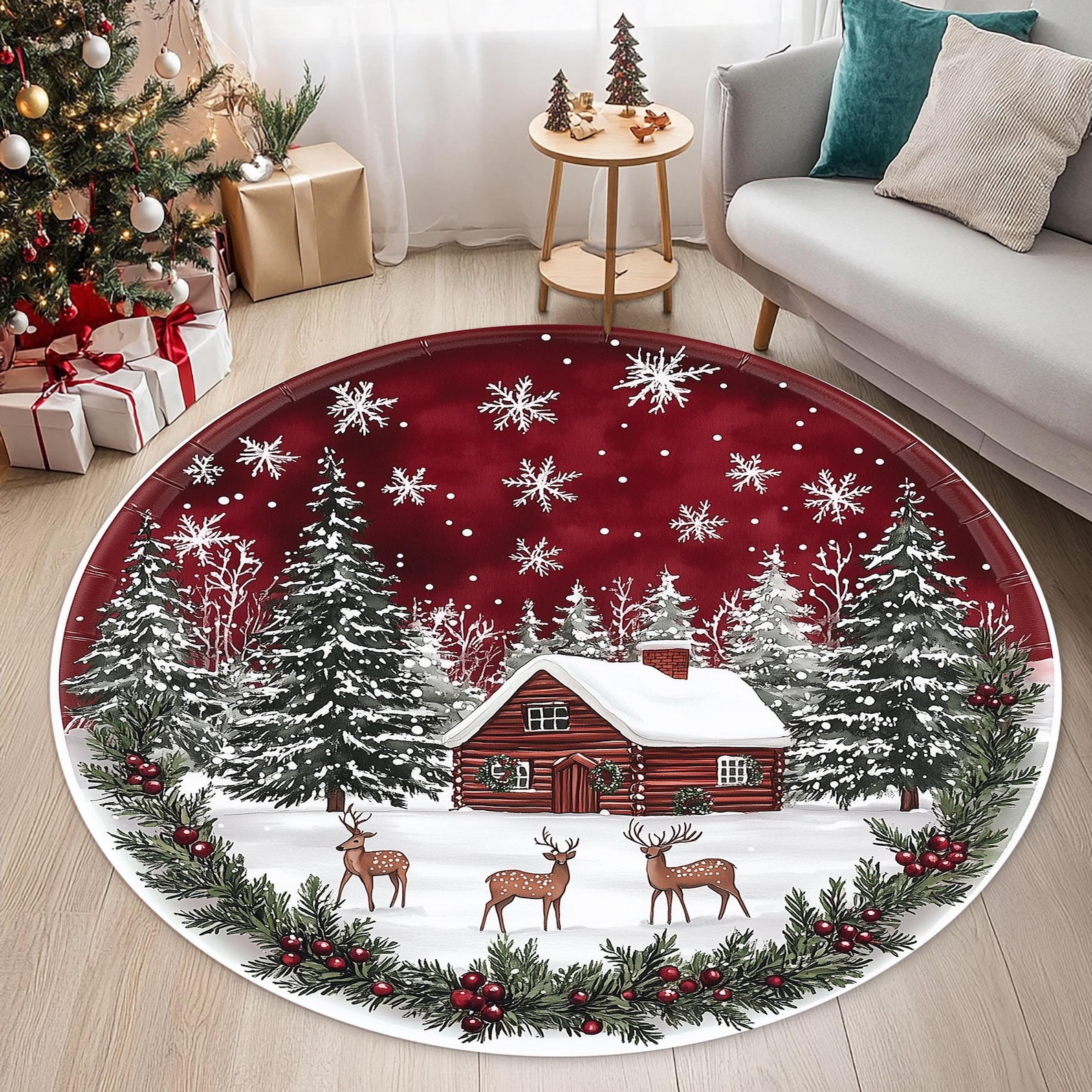 Round Merry Christmas Rug, Deers Rug, Christmas Art Rug, Christmas Area ...