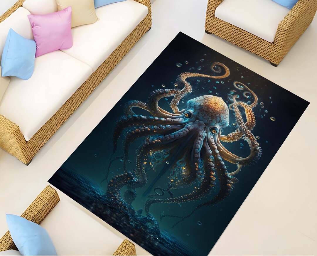 Octopus Rug, Octopus Decor Rug, Underwater World Rug, Blue Octopus Rug ...