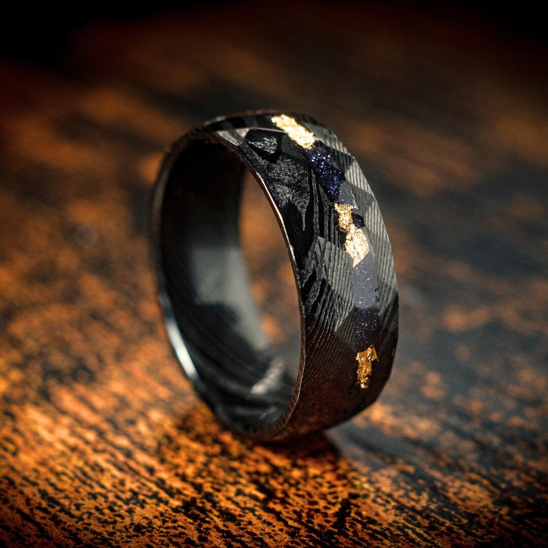 Damascus Steel Ring: Nebula Gold Flakes & Blue Sandstone Wedding Band ...
