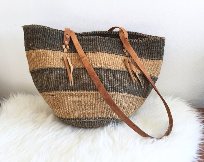 Boho Woven Market Bag W Leather Handles / Leather Straps Woven Bucket ...