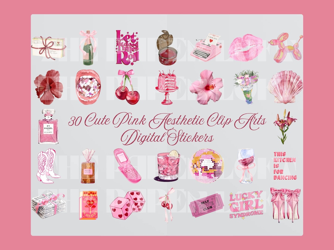 30 Cute Pink Aesthetic Digital Clip Art Stickers | Scrapbook Stickers ...