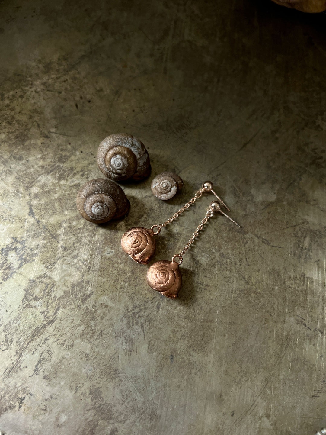 Electroplated Copper Snail Shell Dangle Earrings: Handmade Nature ...