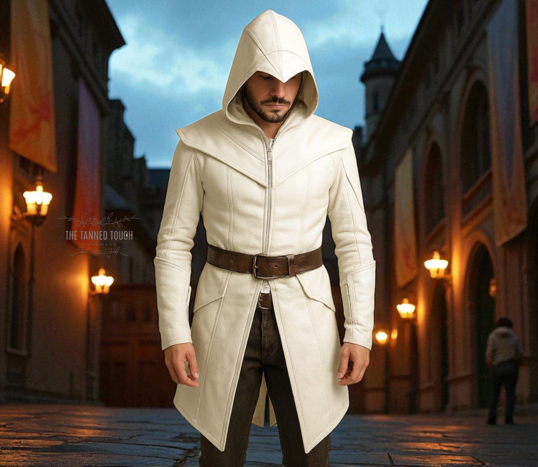 Handmade White Leather Assassin Coat: Medieval LARP Cosplay Trench - Etsy