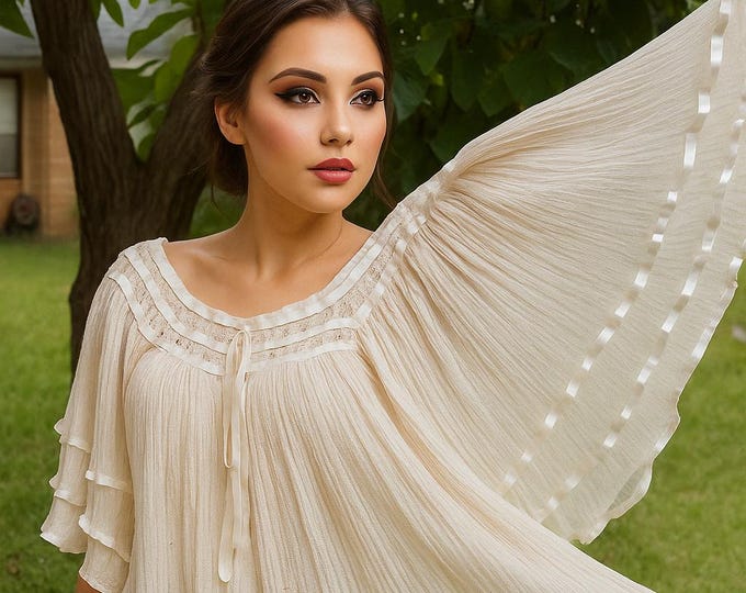 Gauze Angel Sleeve Top 90s Boho Blouse Blue Crochet Trim Mexican Lace ...