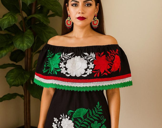 Fiesta-ready Mexican Dress – off Shoulder Manta Cotton – Tricolor ...