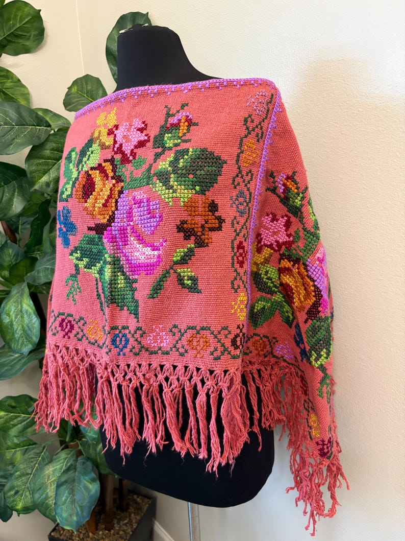 Handmade Punto De Cruz Mañanita in Deep Rose Color | Mexican Shawl Wrap ...
