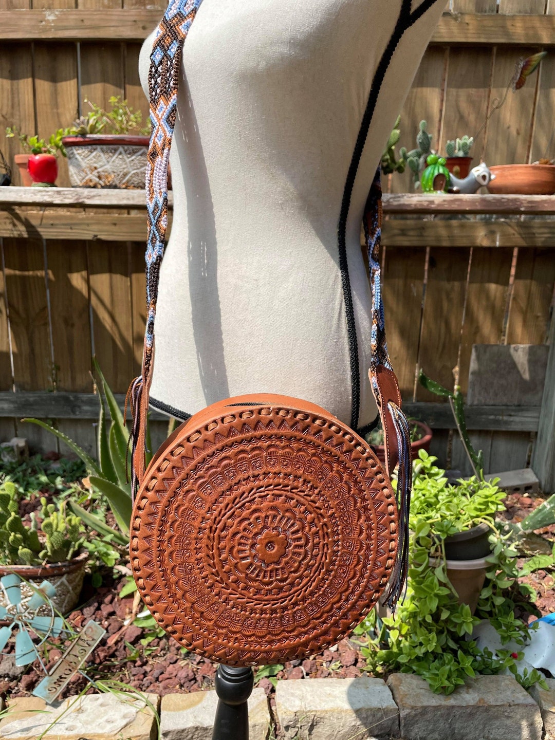 Handmade Round Leather Crossbody Purses - Embroidered Genuine Leather ...
