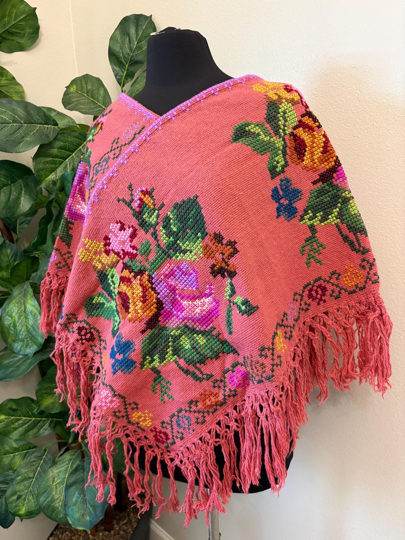 Handmade Punto De Cruz Mañanita in Deep Rose Color | Mexican Shawl Wrap ...