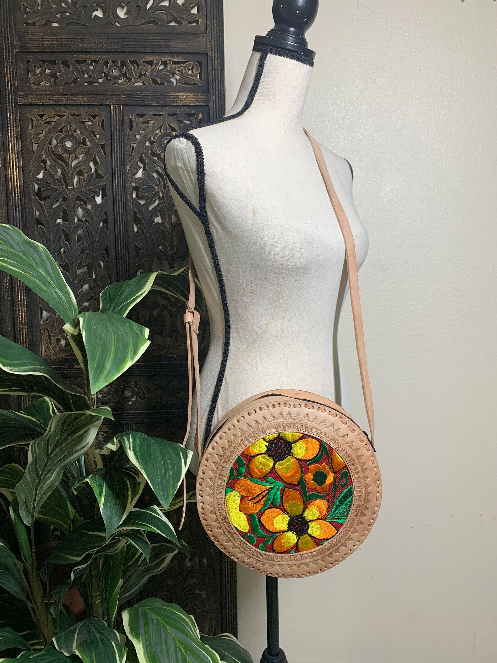 Double Sided Leather Round Purses Embroidered Genuine | Etsy