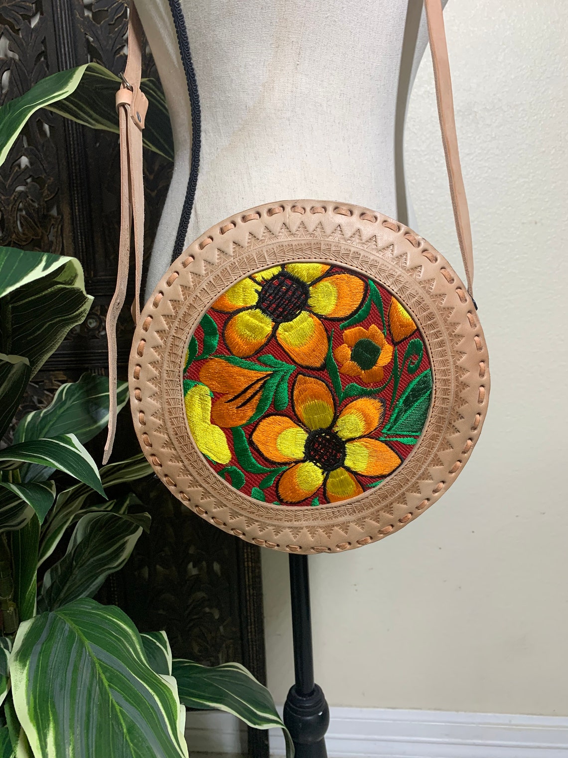 Double Sided Leather Round Purses Embroidered Genuine | Etsy