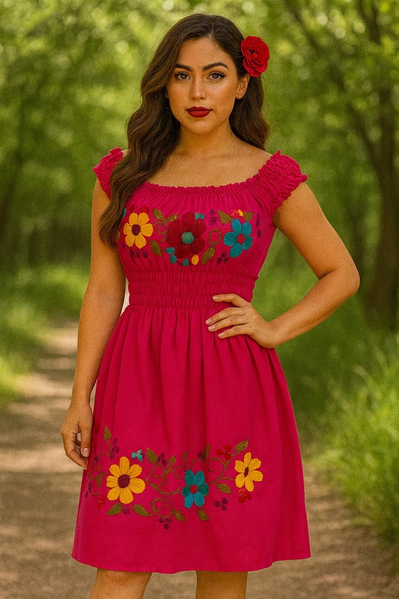 Embroidered Floral Sun Dress – Artisan Mexican Summer Dress, Coral - Etsy