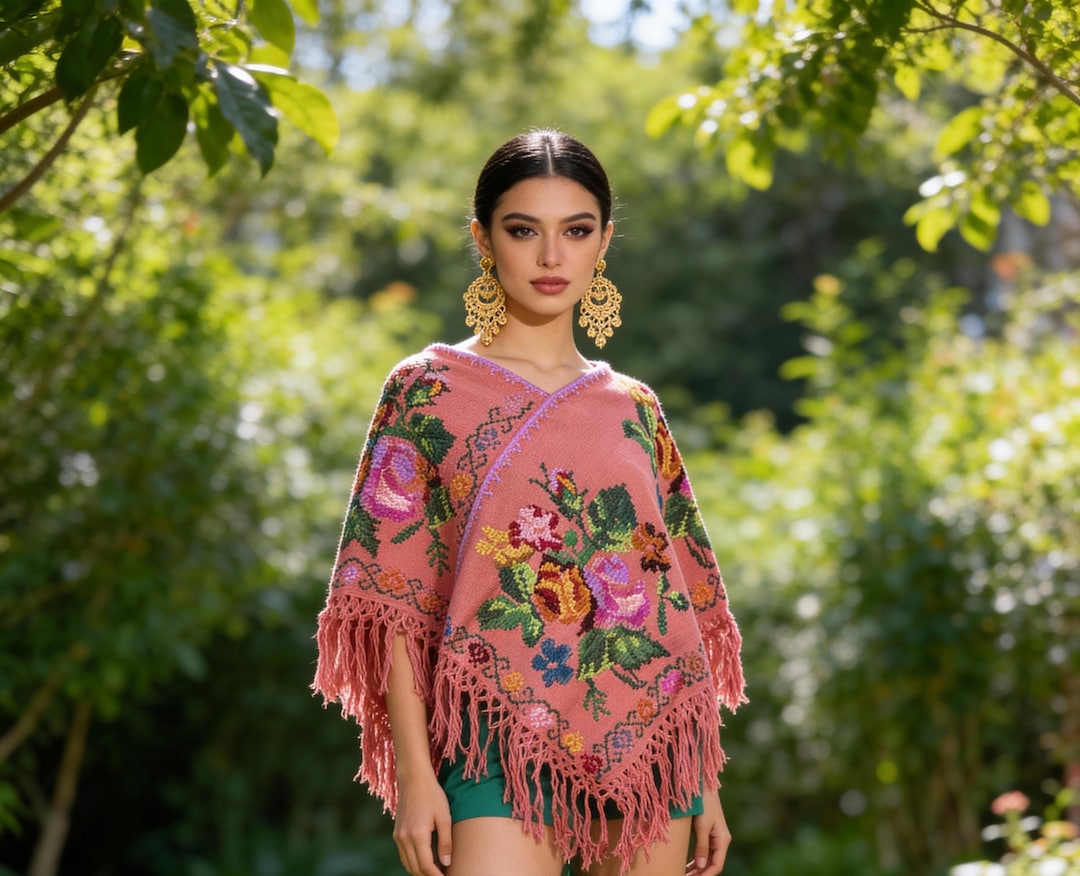 Handmade Punto De Cruz Mañanita in Deep Rose Color | Mexican Shawl Wrap ...