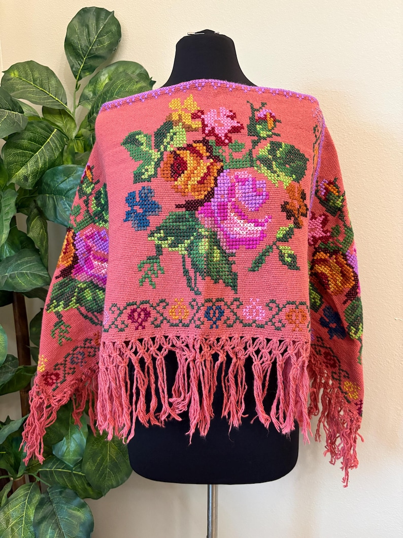 Handmade Punto De Cruz Mañanita in Deep Rose Color | Mexican Shawl Wrap ...