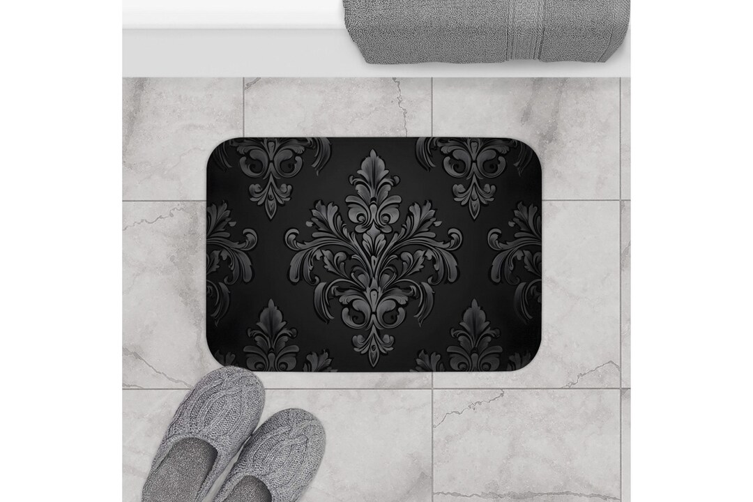 Damask Bath Mat, Black Bath Mat, Luxury Bathroom Rug, Floral Bath Mat ...