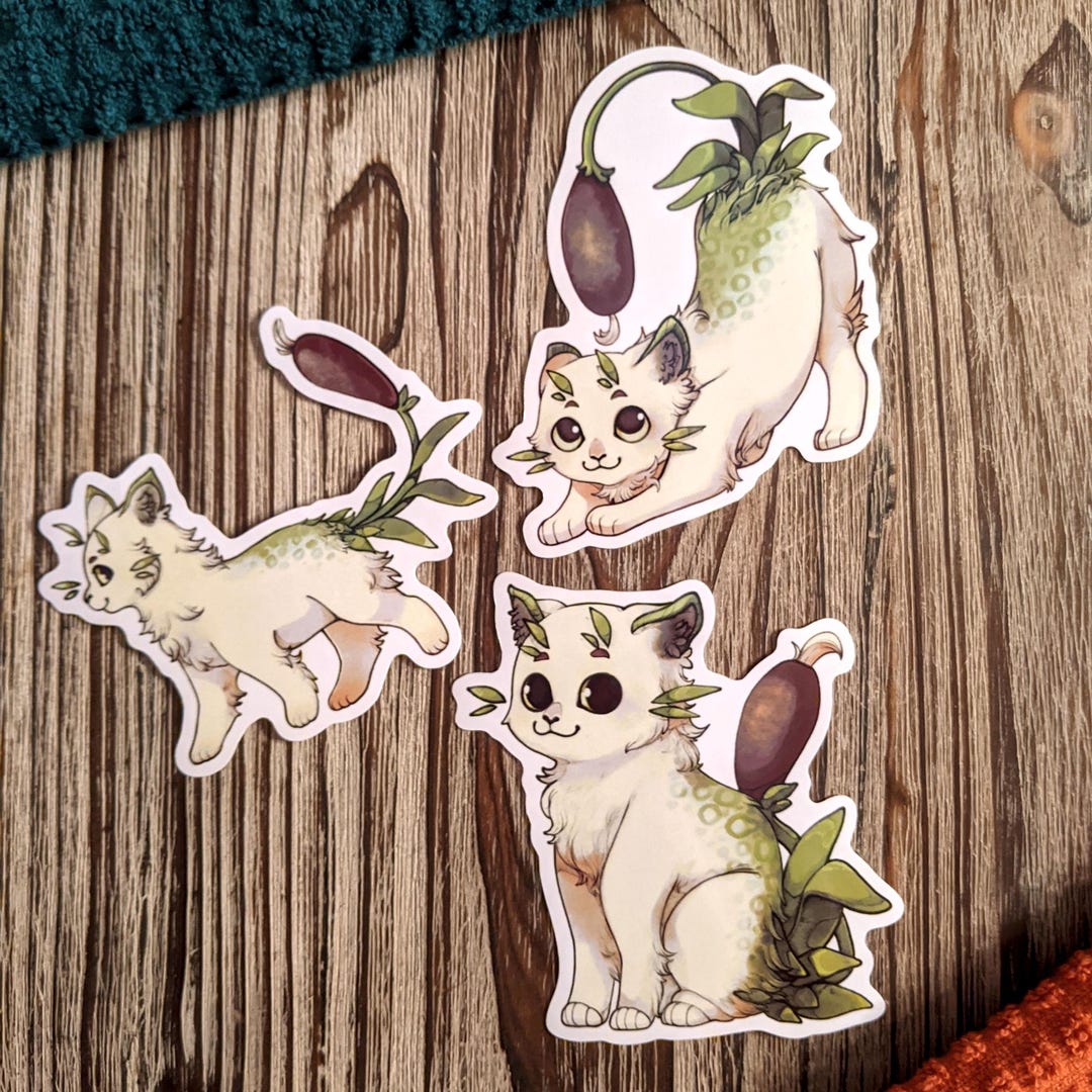 Cute Cattail Cat Fantasy Plant Based Animal Stickers | Waterproof Vinyl ...