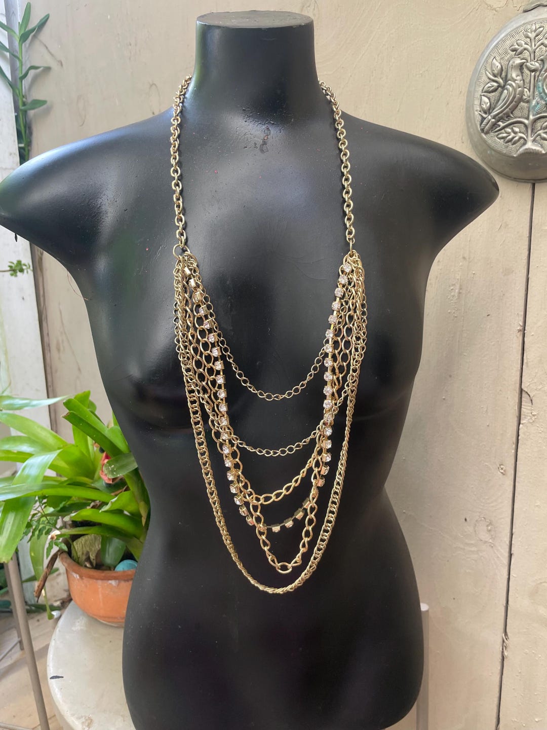 Multilayer Gold Tone Chain Necklace With Rhinestones Detail Long - Etsy