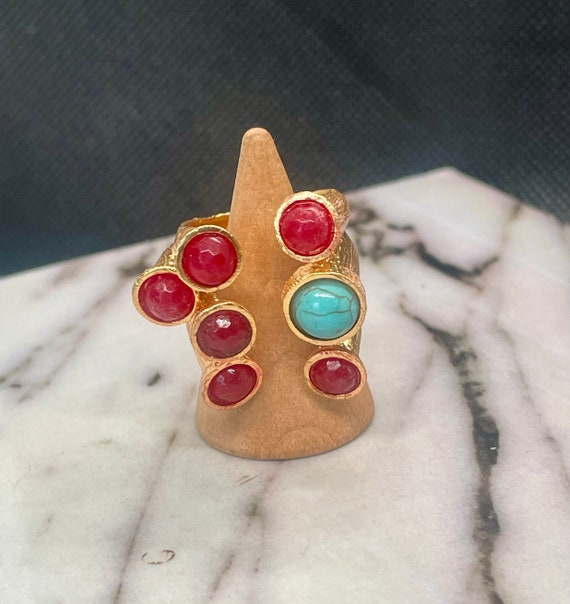 Gaudy Brutalist Style Cocktail RIng Matte Gold, Red C… - Gem