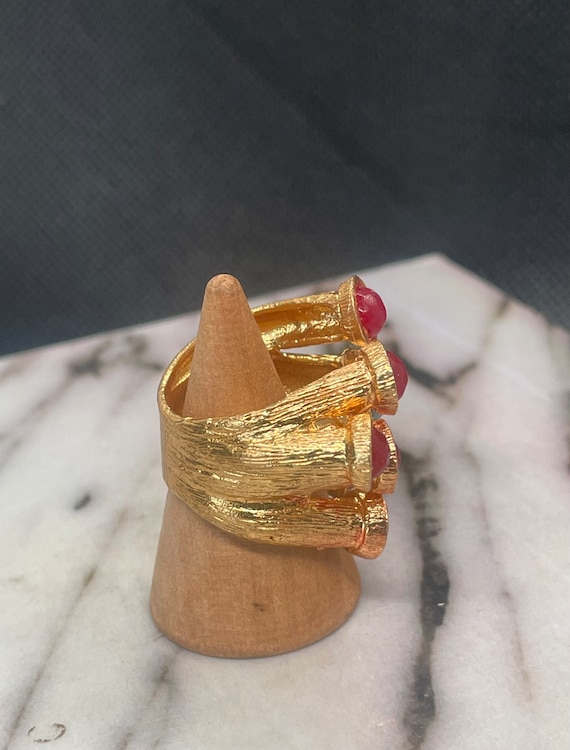 Gaudy Brutalist Style Cocktail RIng Matte Gold, Red C… - Gem
