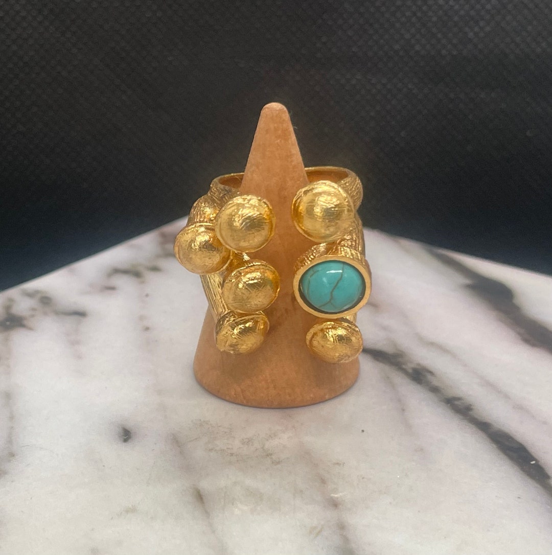 Gaudy Cocktail Ring Textured Matte Gold With Faux Turquoise Cabochon ...