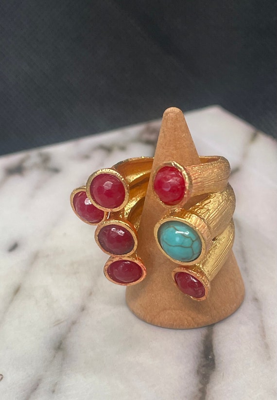 Gaudy Brutalist Style Cocktail RIng Matte Gold, Red C… - Gem