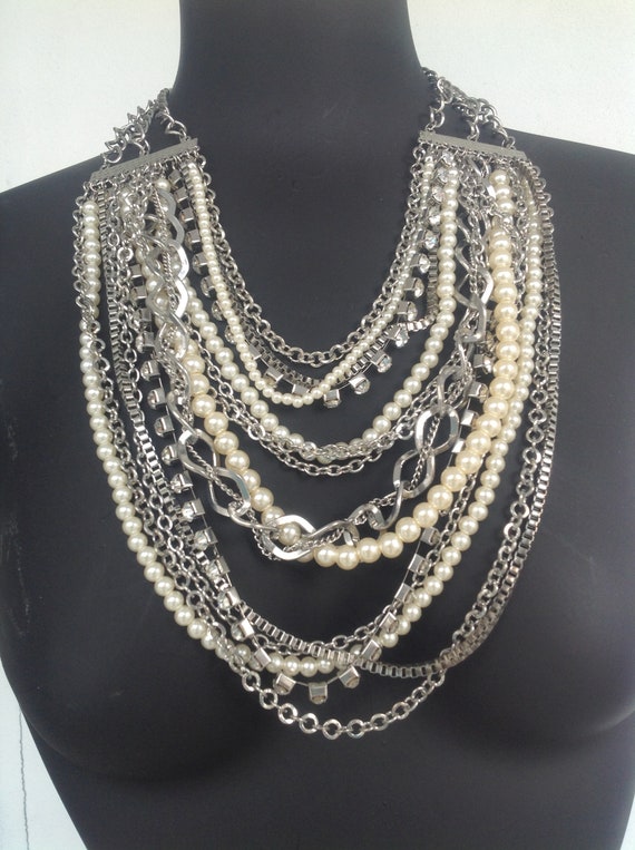Multistrand Mix Up Silver Tone Chain, Faux Pearl and … - Gem