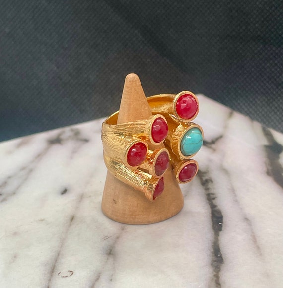 Gaudy Brutalist Style Cocktail RIng Matte Gold, Red C… - Gem