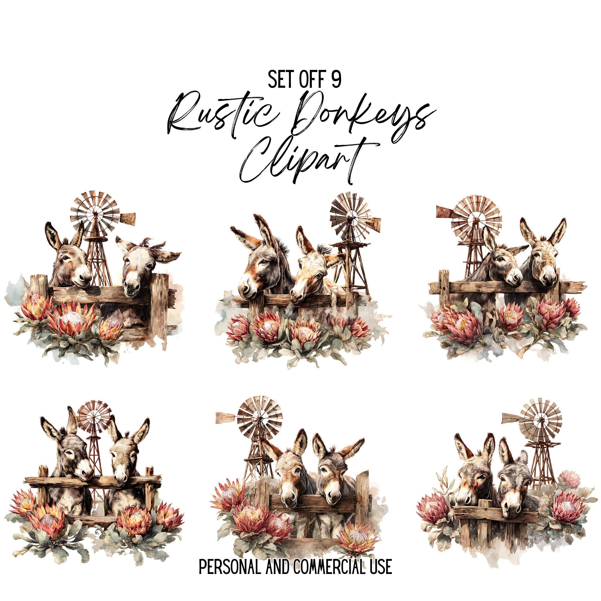 Rustic Donkey Clipart Bundle: Farmhouse Animal Pngs Digital Download - Etsy