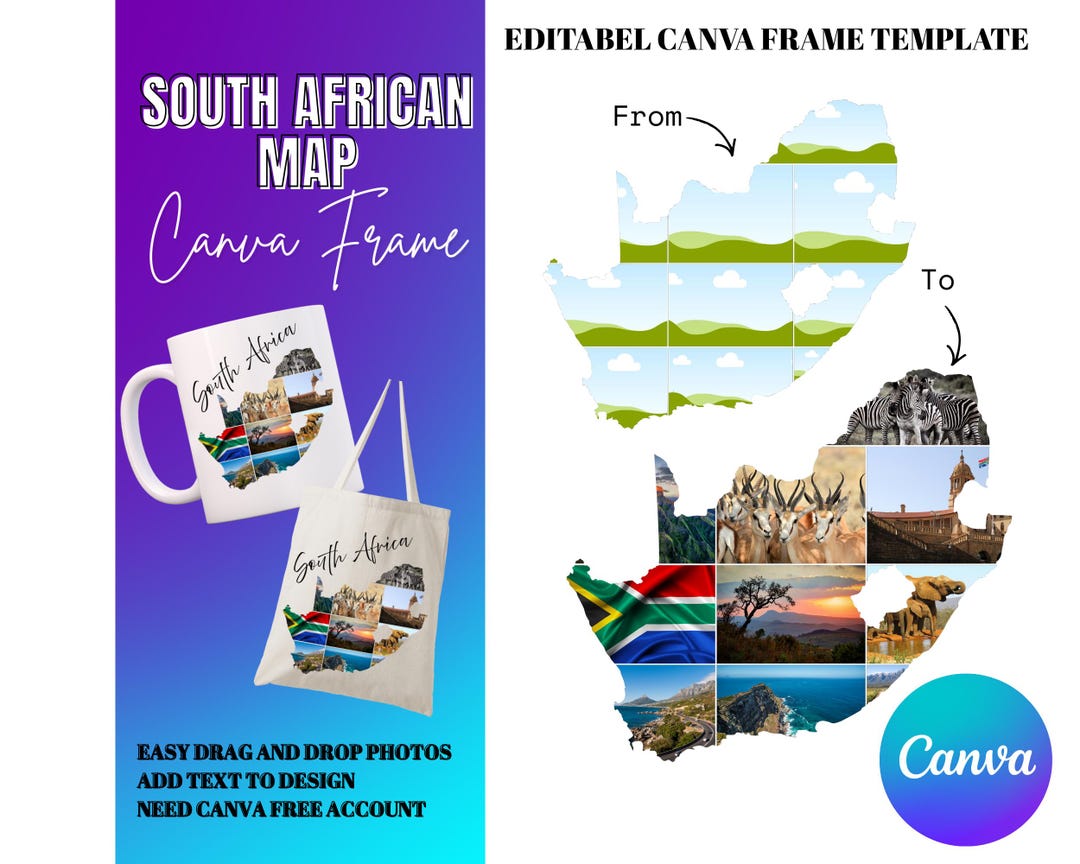 South African Map Canva Frame Template | Photo Collage Map | Travel ...