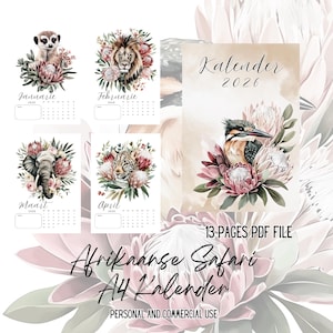 Afrikaanse Safari 2026 A4 Kalender – 13-bladsy Printable PDF | Suid ...