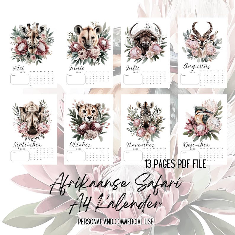 Afrikaanse Safari 2026 A4 Kalender – 13-bladsy Printable PDF | Suid ...