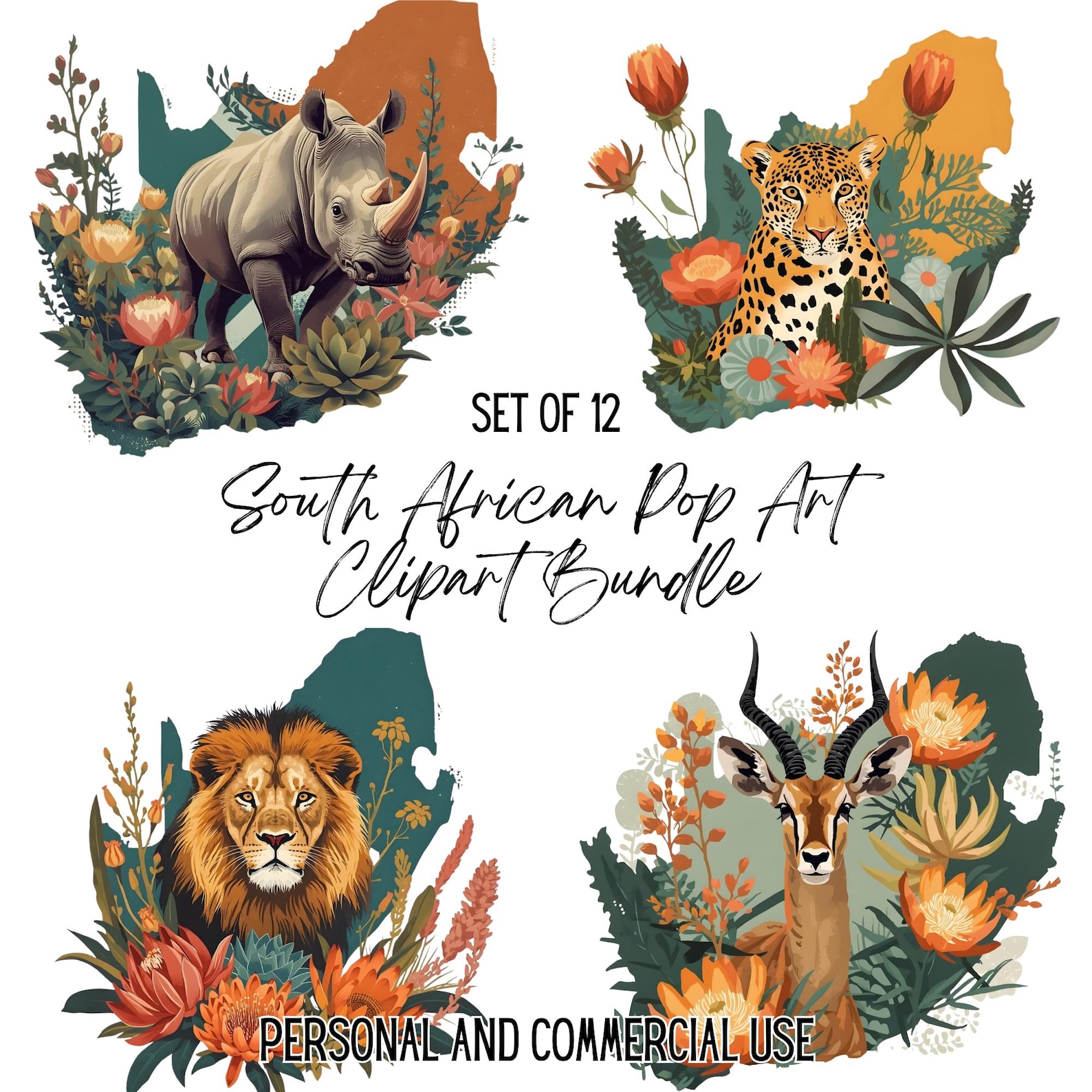 South African Pop Art Clipart Bundle | African Animals & Protea | Retro ...