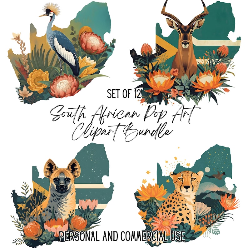South African Pop Art Clipart Bundle | African Animals & Protea | Retro ...