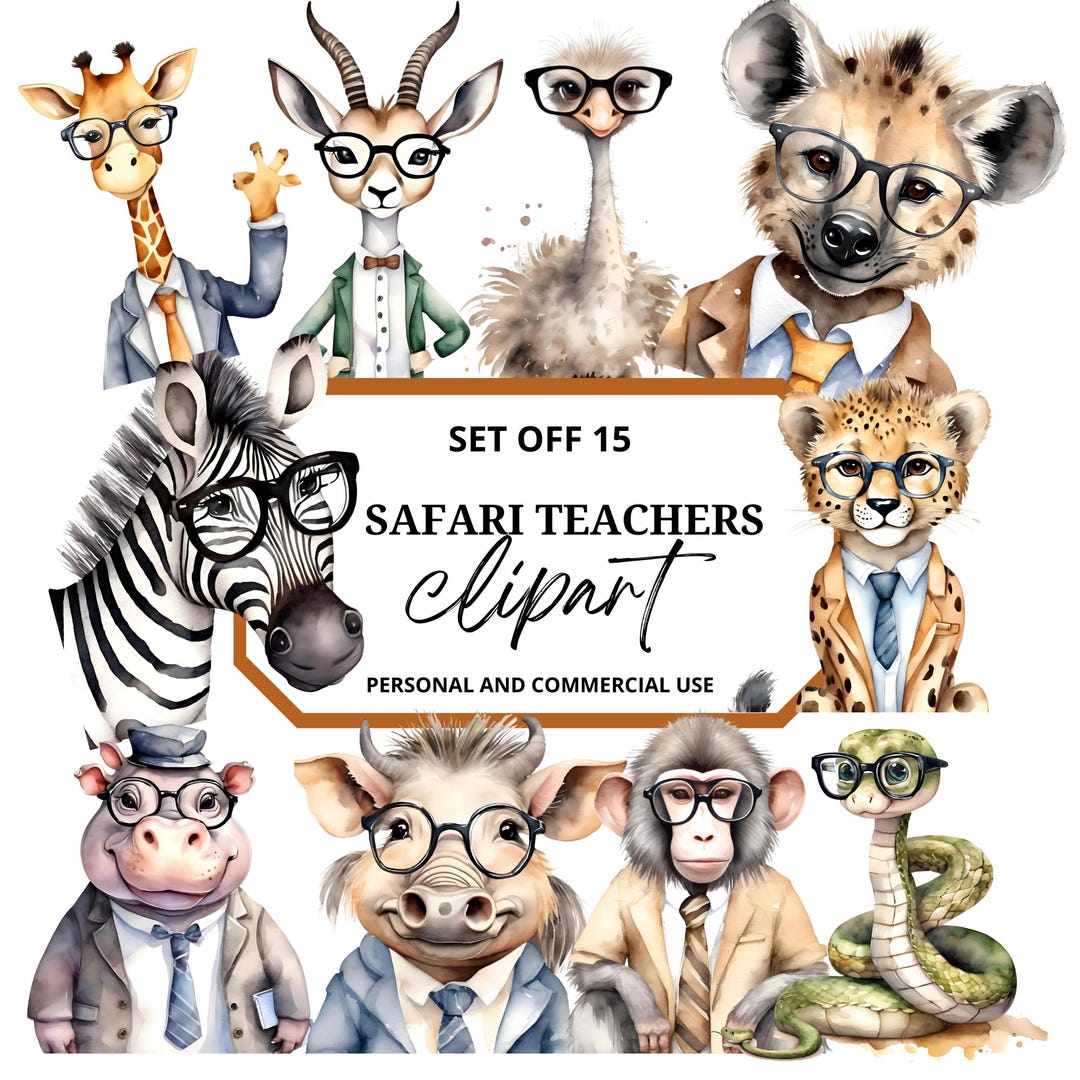 Safari Animals Teacher Clipart | Watercolor PNG Graphics (digital ...