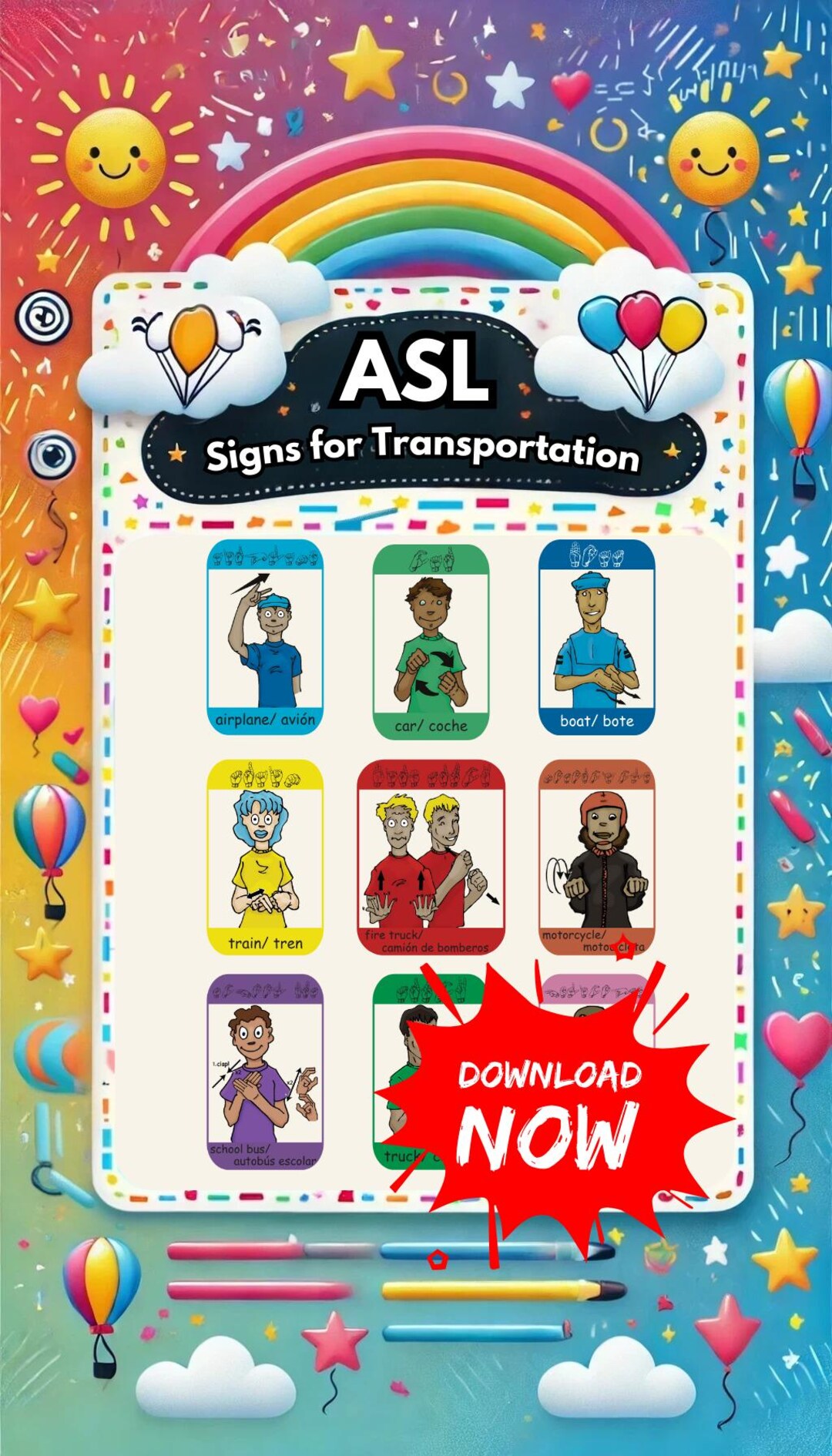 Sign Language ASL Transportation Signs Poster and Matching Card DIGITAL ...