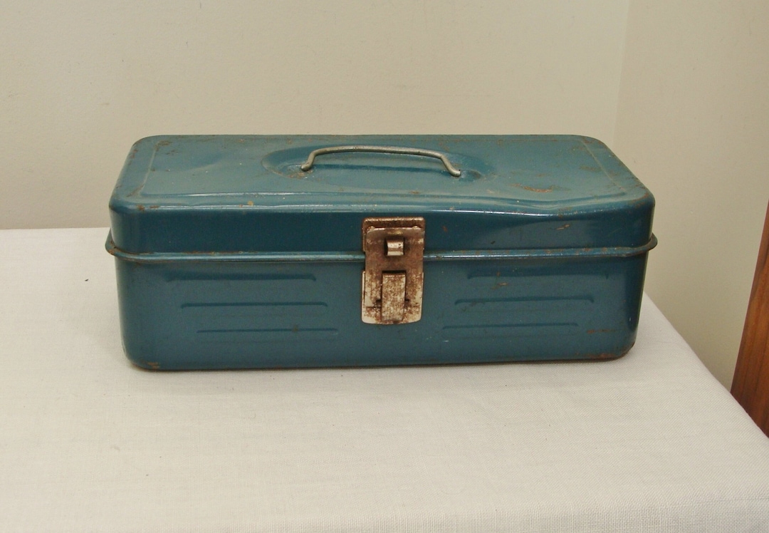 Vintage Teal Blue Metal Tool Box - Etsy