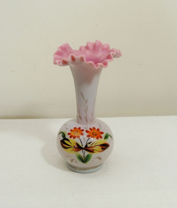 Vintage Hand Blown Pink Cased Ruffled Vase Hand Painted - Etsy
