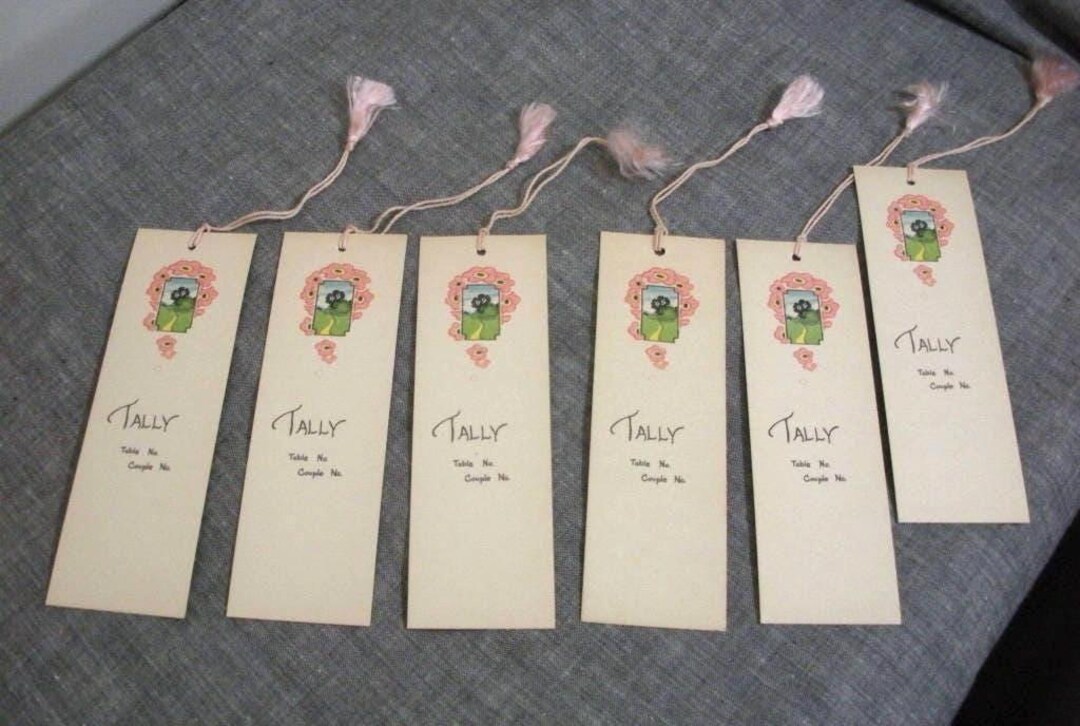 Vintage 6 Bridge Tallies - Art Deco Scene With Pink Flowers and Pink ...