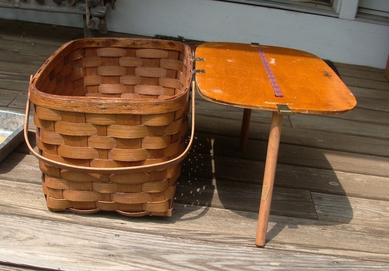 Vintage Woven Wood Picnic Basket With Woven Tray Metal Tray and Legs ...
