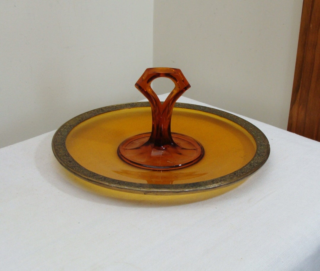 Vintage Tidbit Tray Amber Glass With Embossed Metal Trim - Sandwich ...