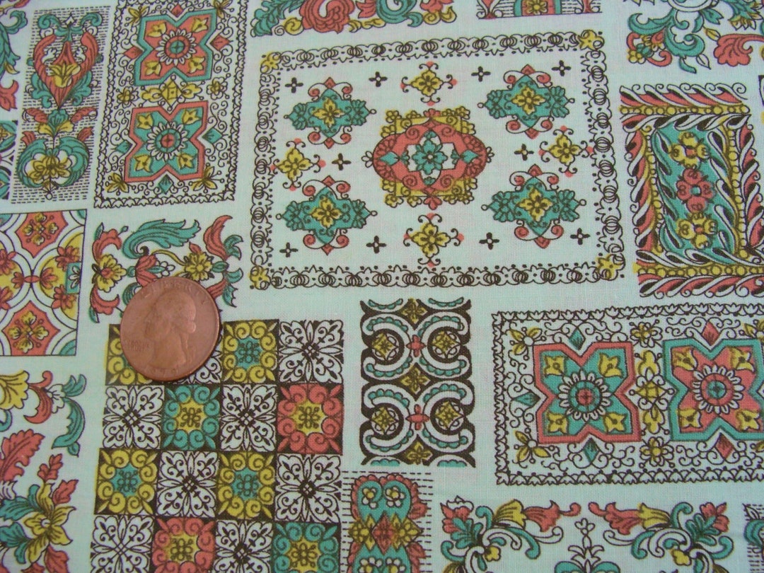 Vintage Green Rust Yellow Print Fabric - 1 Yard - Etsy